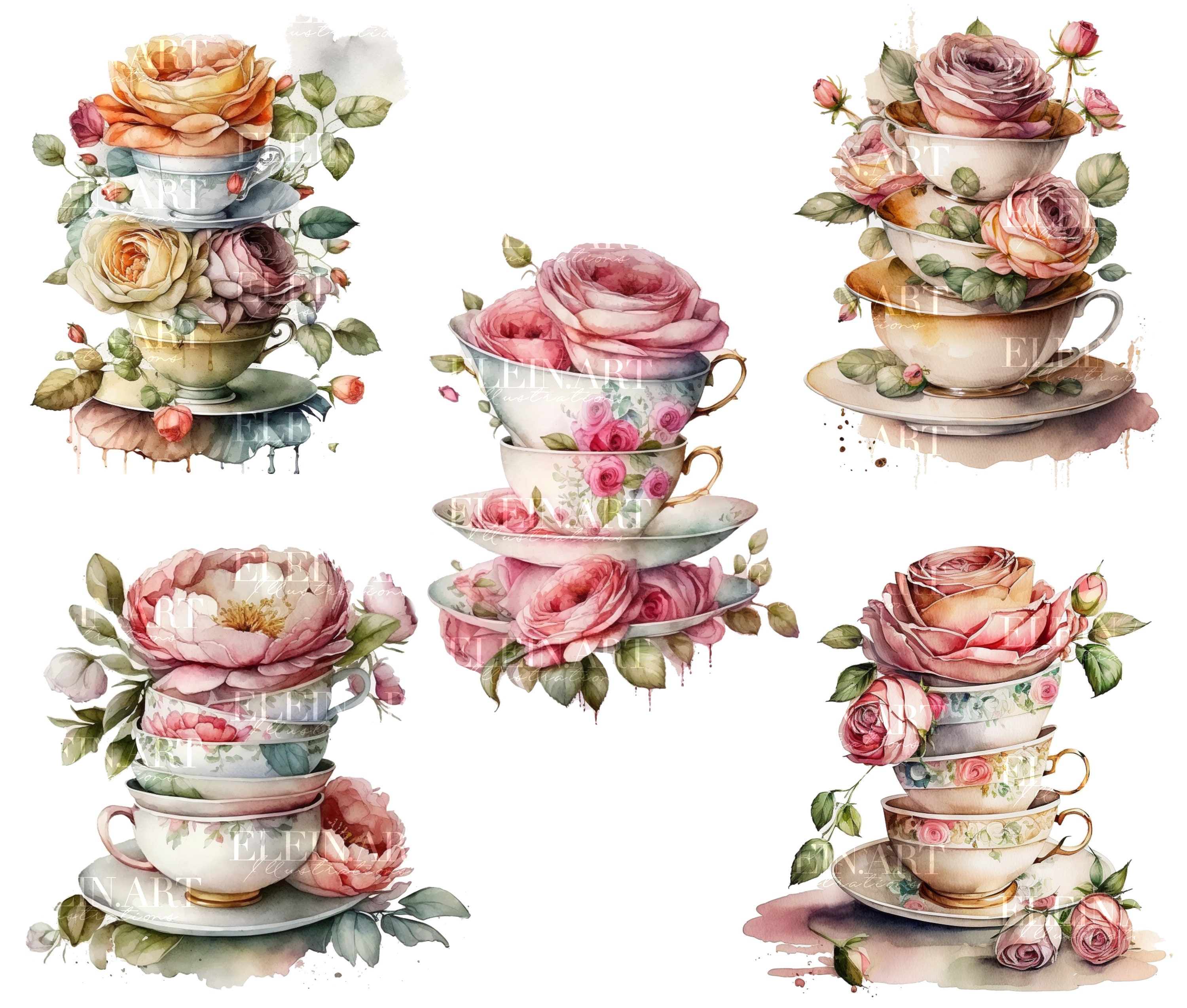 Watercolor Teacup Clipart, Watercolor Tea Party Clipart, Digital Teacup ...