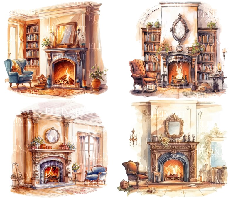 Cozy Home Clipart Village House Clipart Watercolor Interiors - Etsy