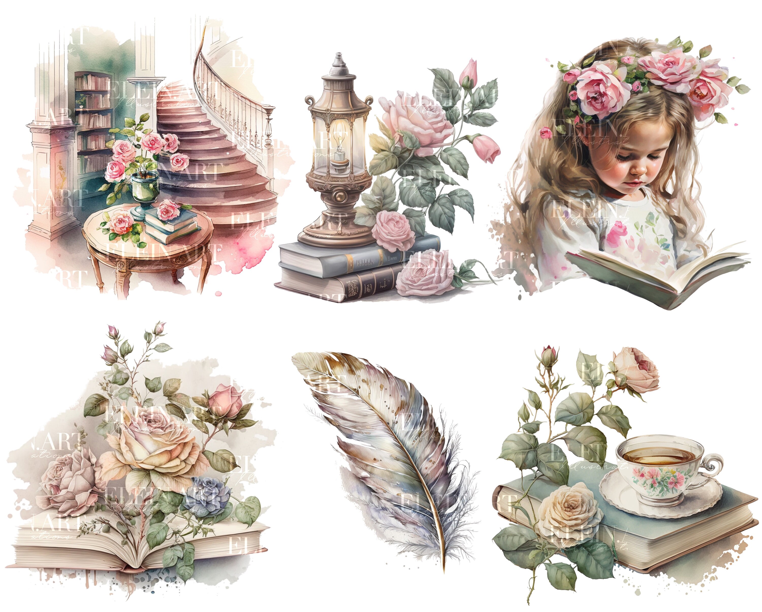 Watercolor Book Clipart, Book Watercolor Flower, Watercolor Library ...