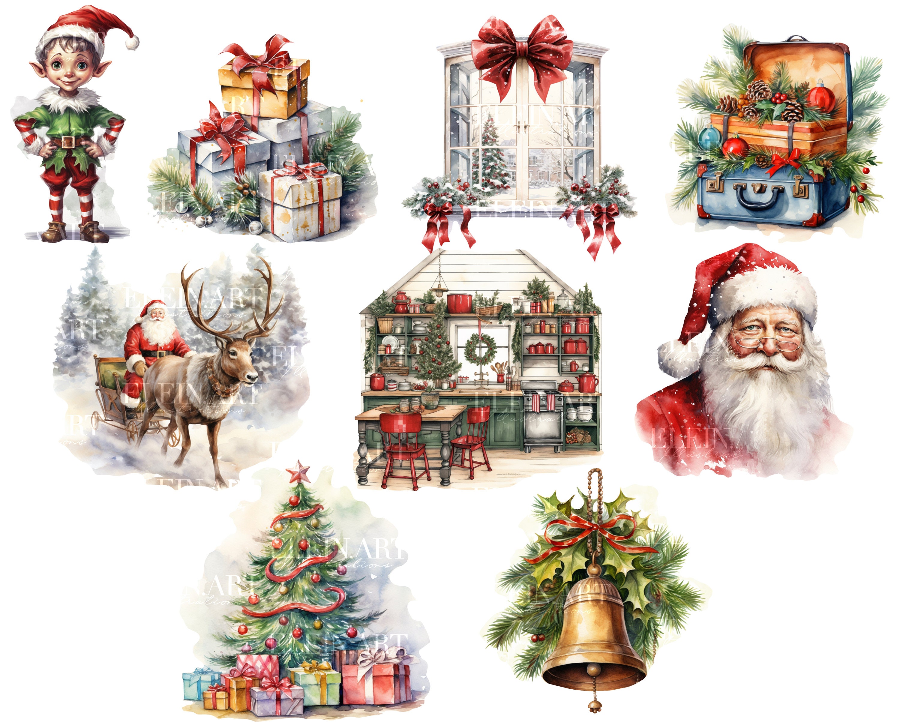 Watercolor Christmas Clipart PNG, Christmas Bundle Clipart, Watercolor ...