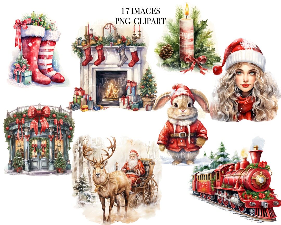 Watercolor Christmas Clipart PNG, Christmas Bundle Clipart, Watercolor ...