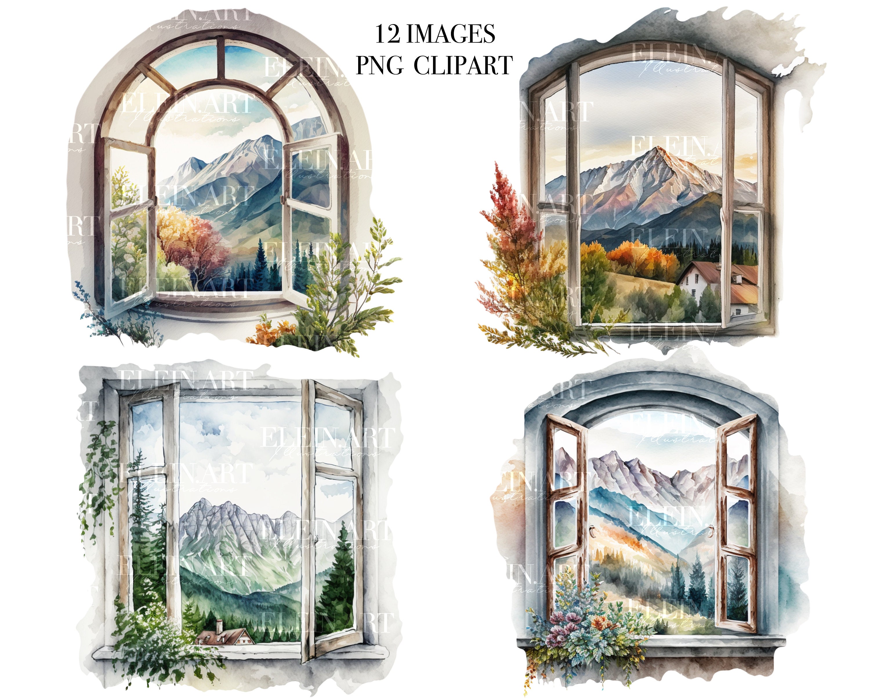 Watercolor Window Clipart, Mountain View Clipart, Flower Window ...
