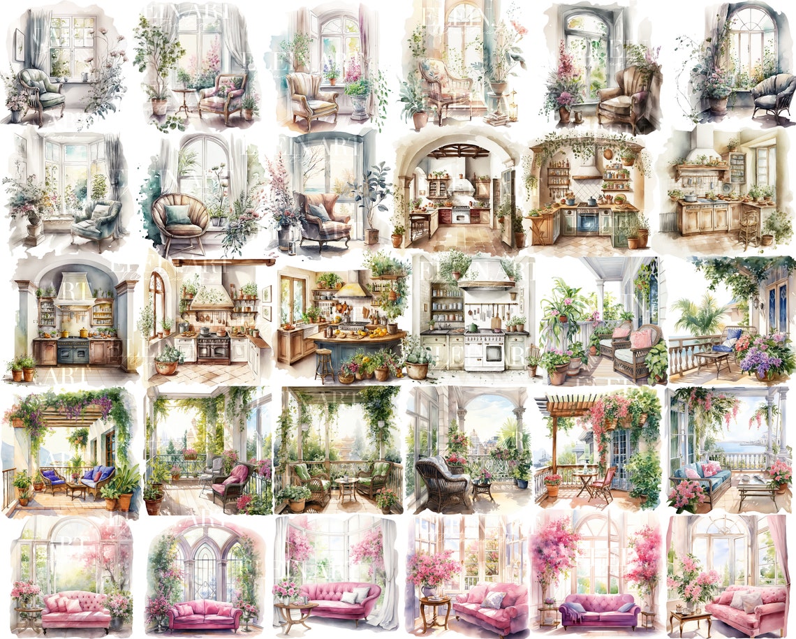 Cozy Home Clipart, Country Store Clipart, Watercolor Clipart Bundle ...