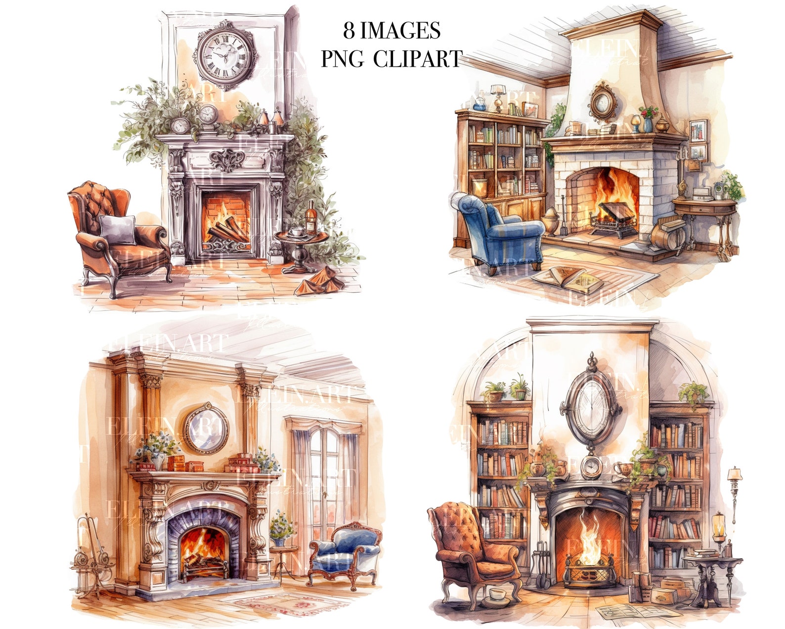 Cozy Home Clipart, Village House Clipart, Watercolor Interiors Clipart ...