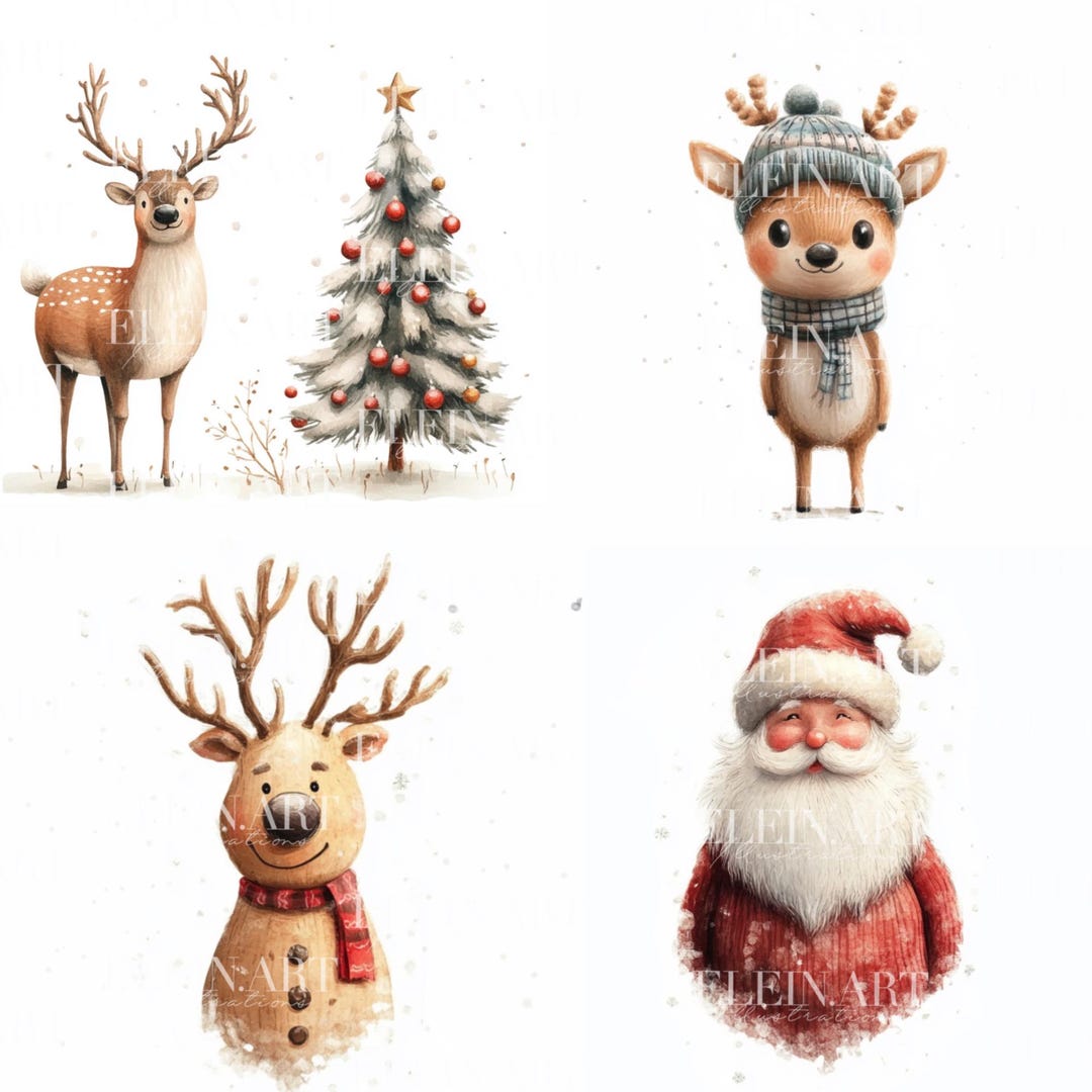 Watercolor Christmas Clipart, Christmas Deer Clipart, Santa Clipart ...