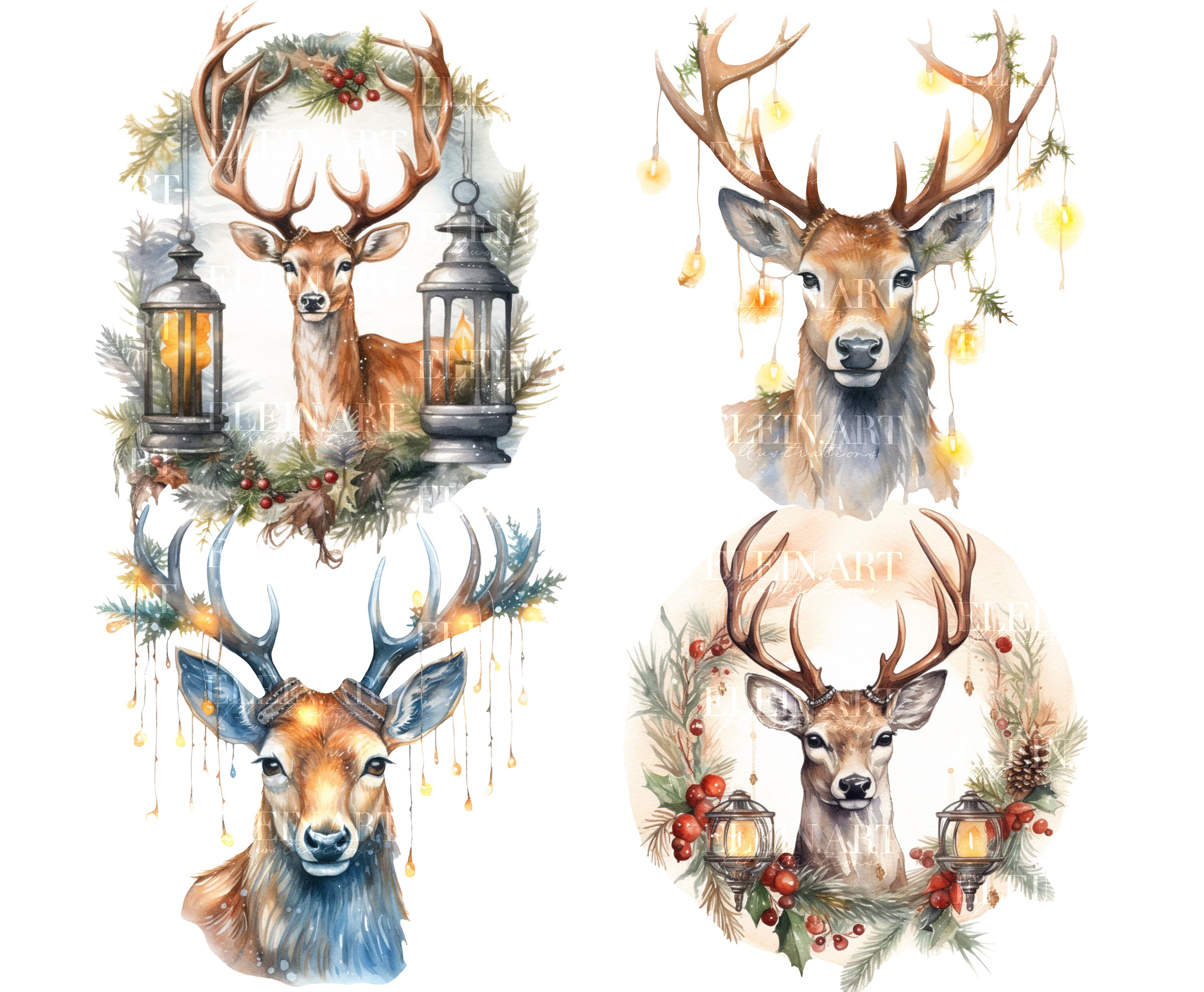 Christmas Clipart Watercolor, Holiday Clipart, Deer Clipart, Deer ...