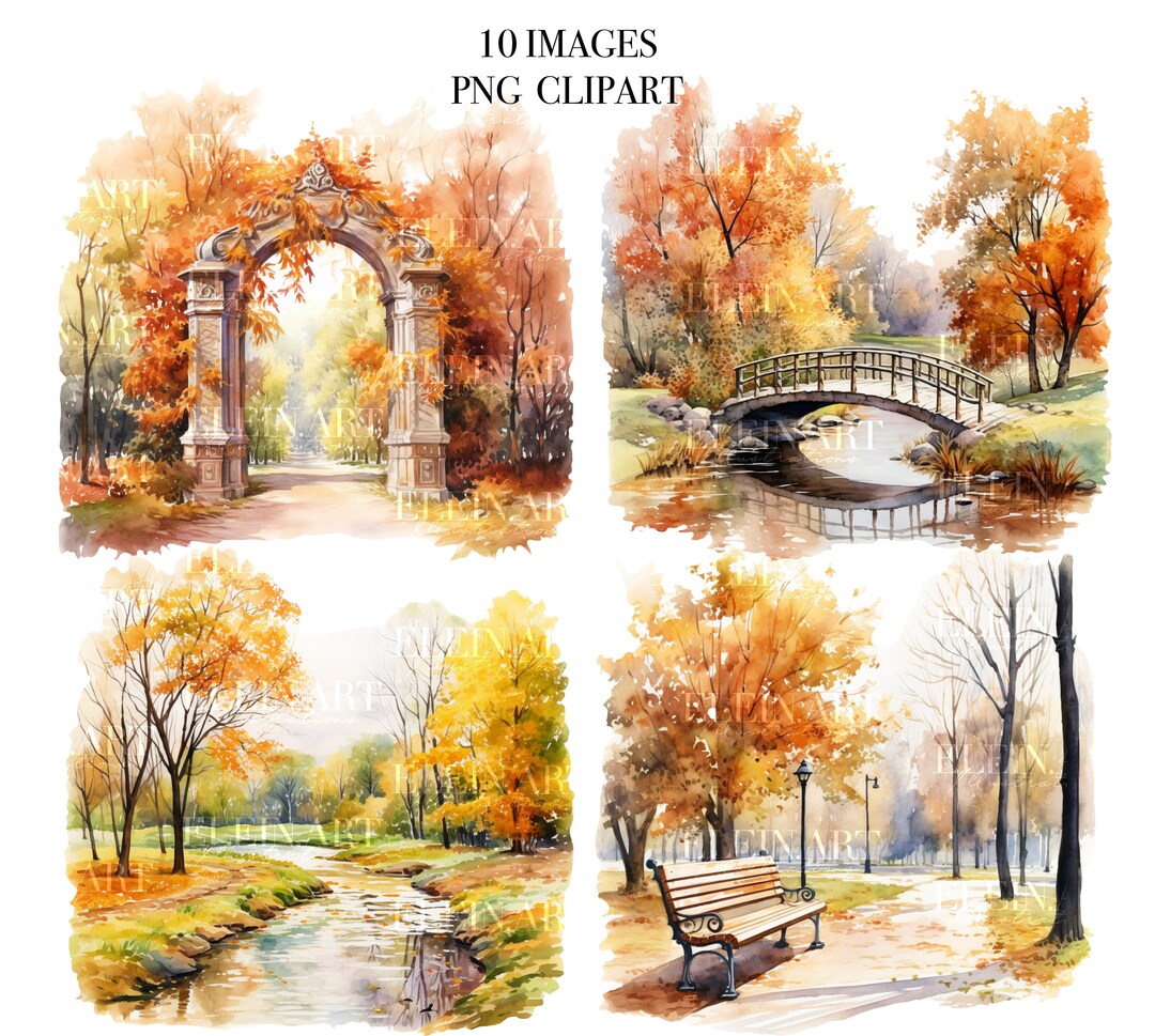 Watercolor Autumn Clipart, Landscape Clipart, Autumn PNG, Autumn ...