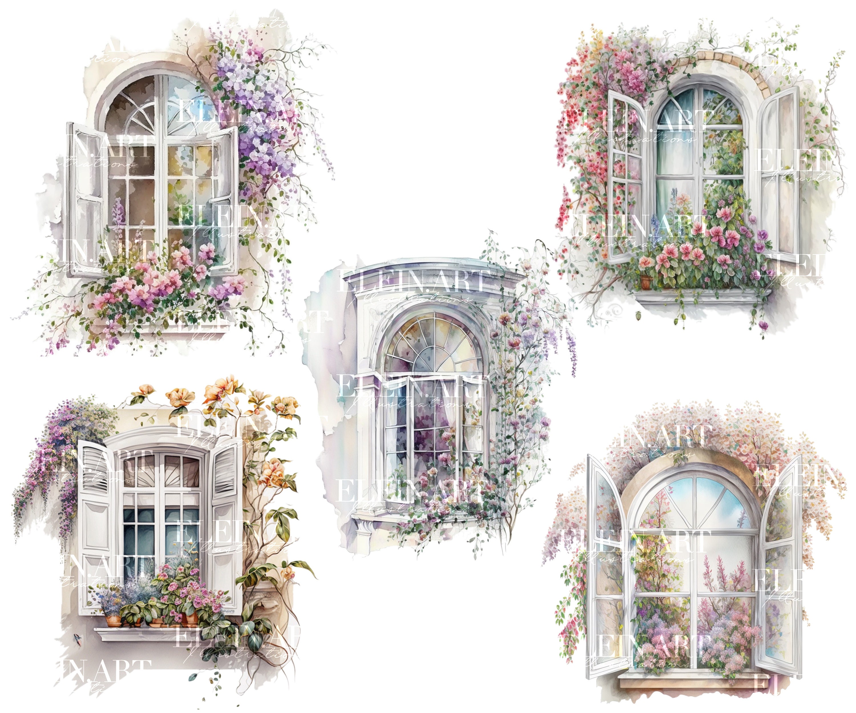 Floral Window Bundle, Flower Window Watercolor Clipart, Window Clipart ...