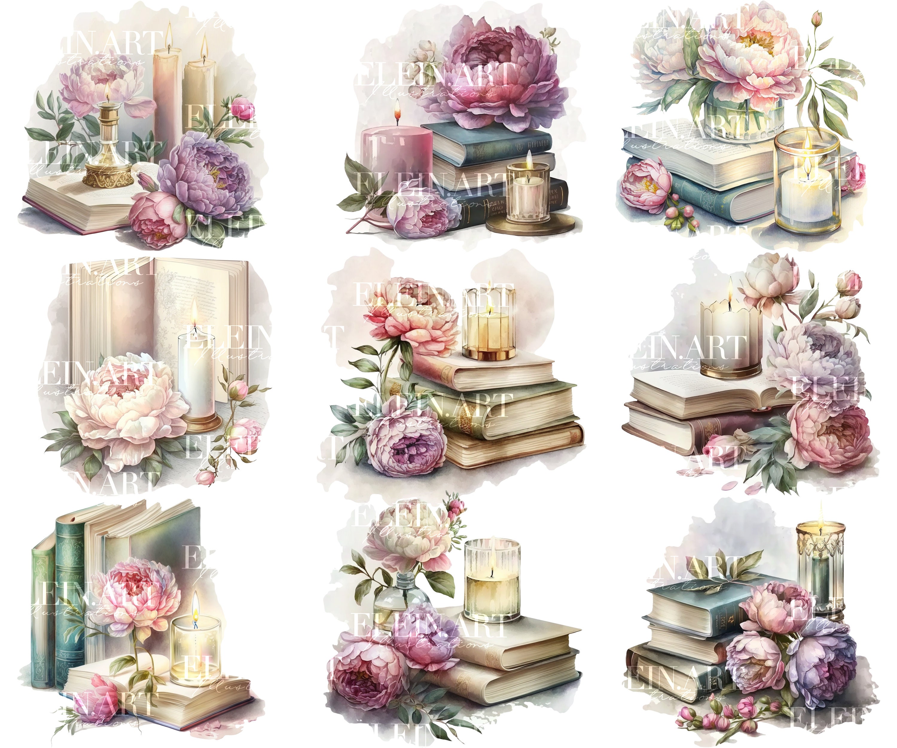Book Watercolor Flower, Watercolor Library Clipart, Cute Book Clipart ...