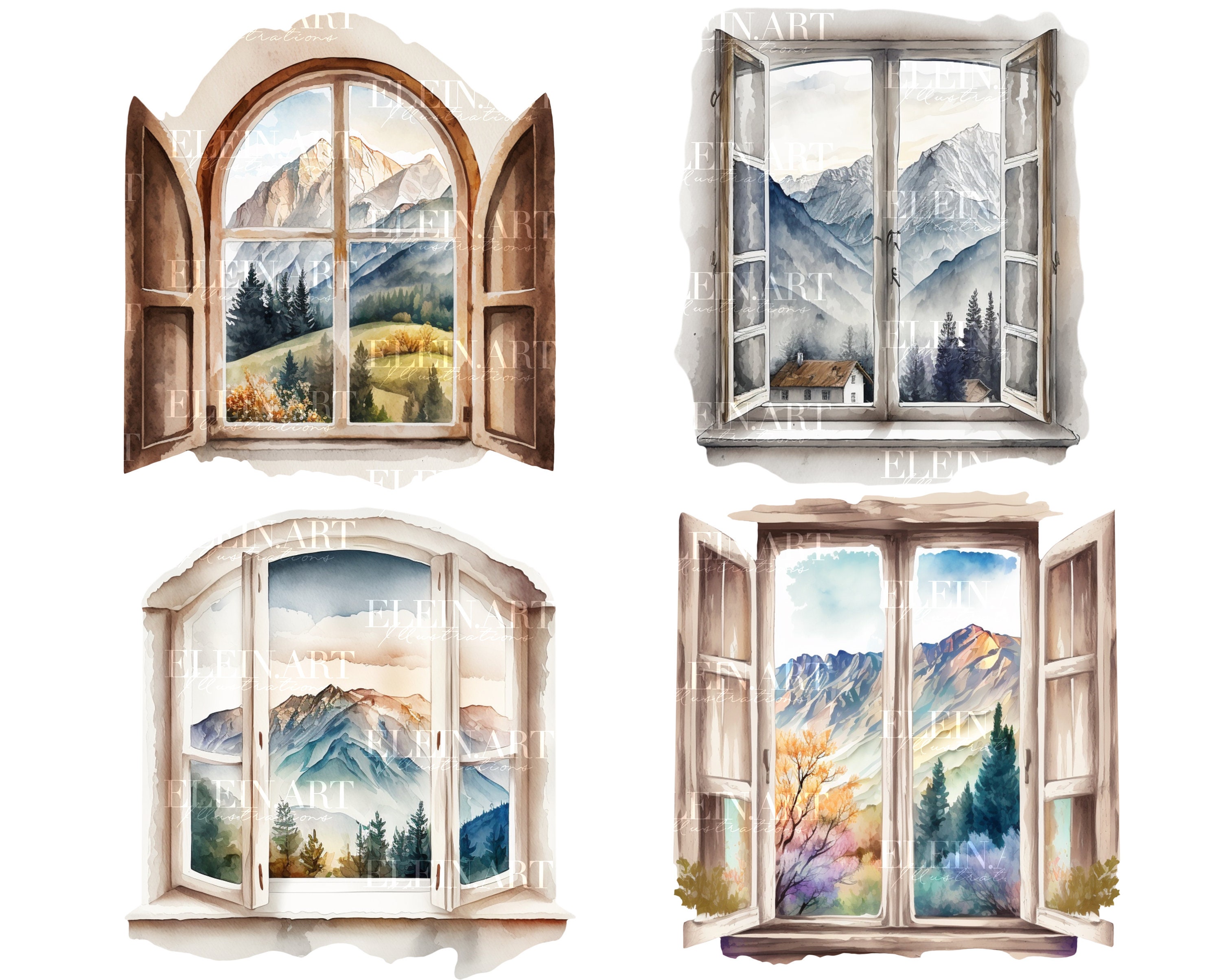 Watercolor Window Clipart, Mountain View Clipart, Flower Window ...