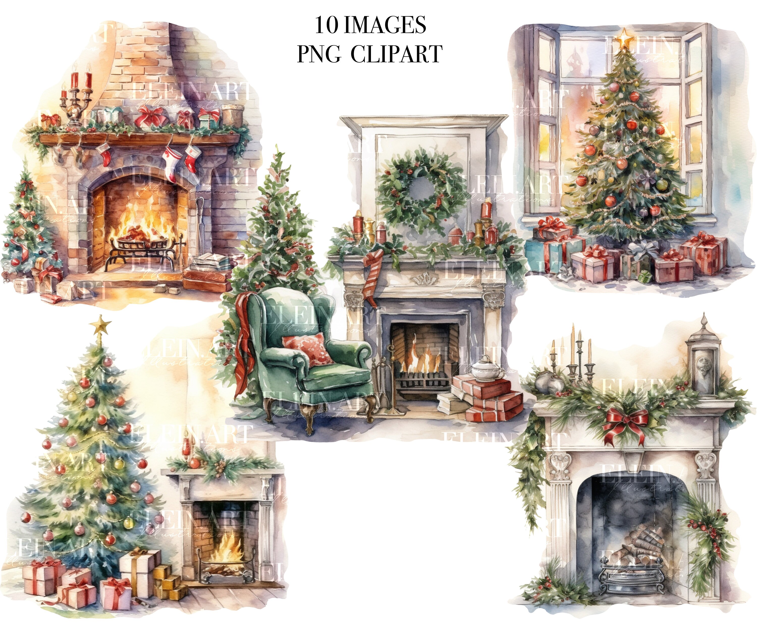 Christmas Clipart, Christmas Fireplace Clipart, Fireplace Watercolor ...