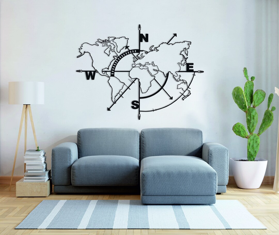 Metal World Map Wall Art, Compass World Map, Compass Wall Decor, Metal ...