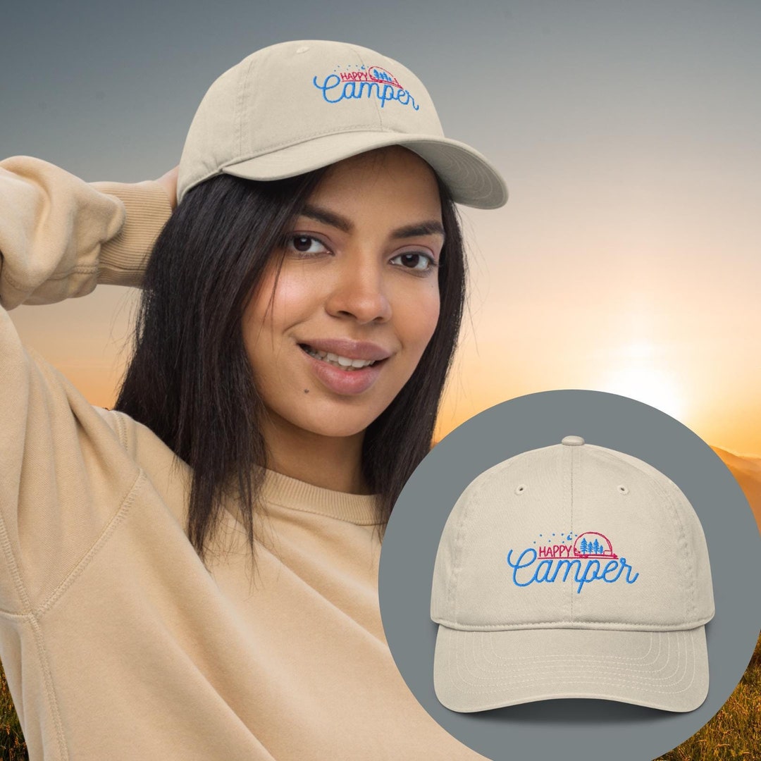 Embroidered Happy Camper Design Baseball Cap, Bio Cotton, Comfort, Sun ...