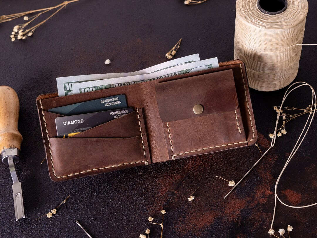 Handmade Leather Wallet With Coin Pocket, Handstitched Bifold Wallet ...