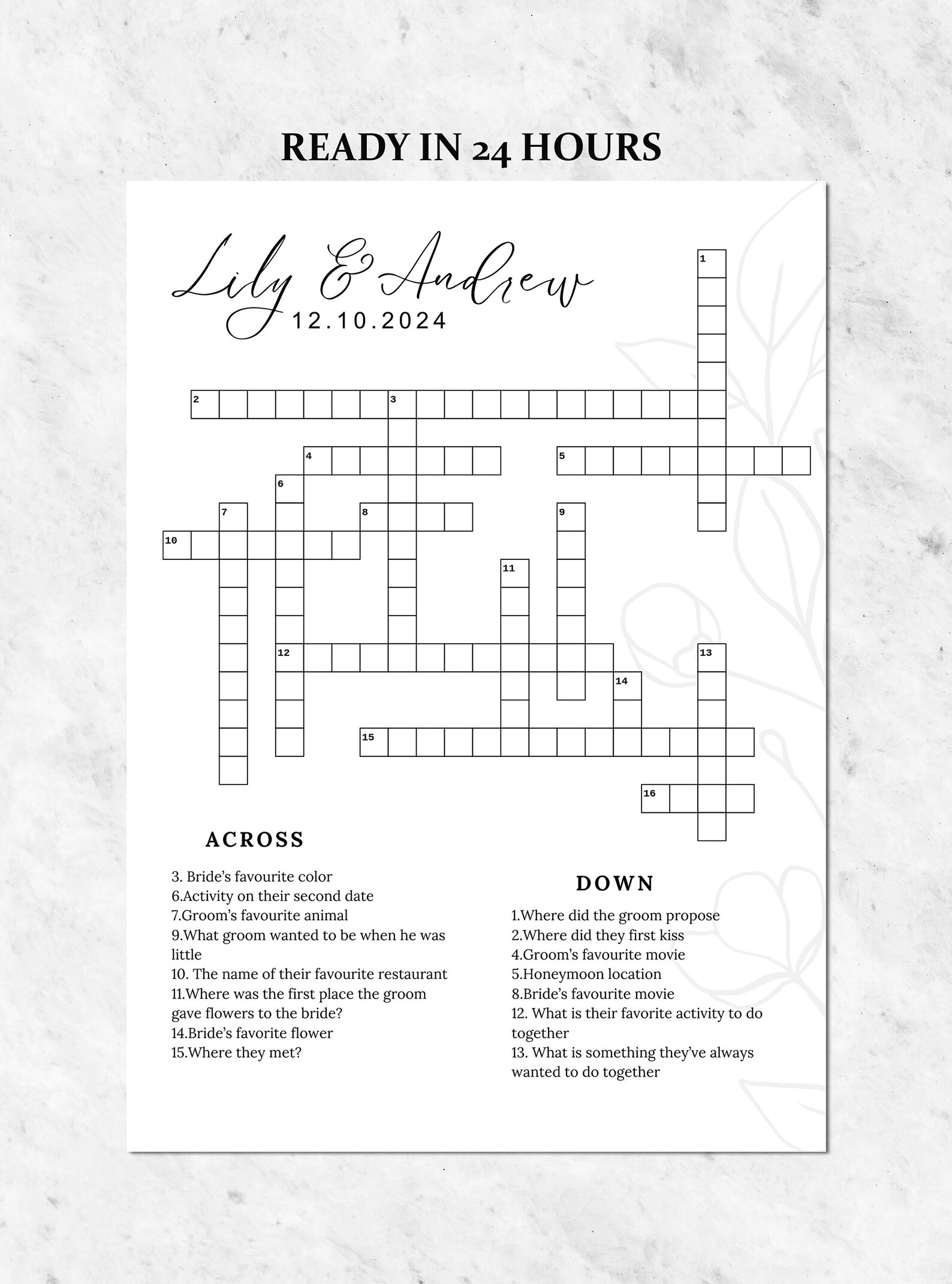 Personalized Wedding Crossword Puzzle, Custom Wedding Activity, Lawn ...