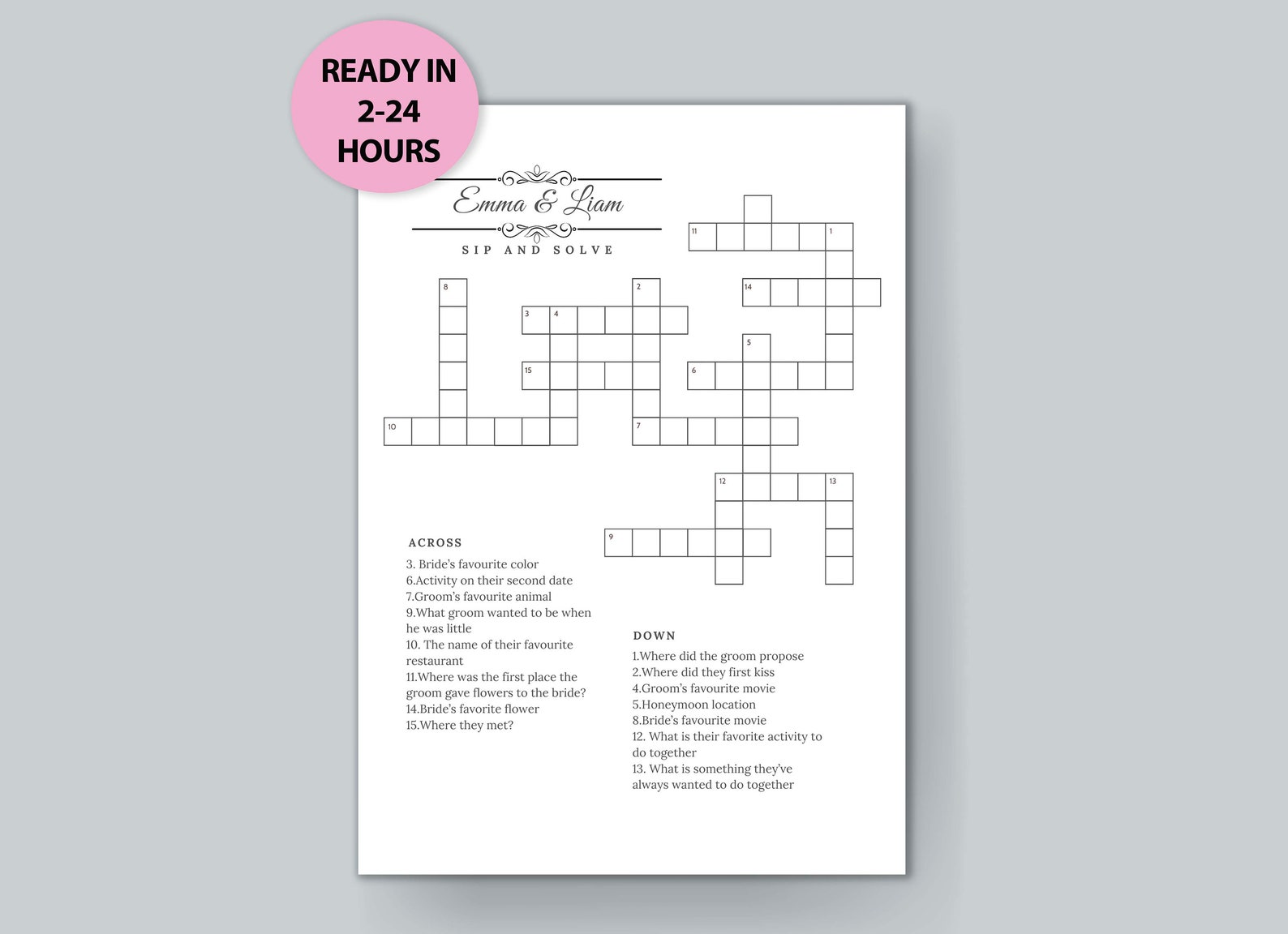 Custom Wedding Crossword Puzzle, Personalized Sip and Solve Bridal ...
