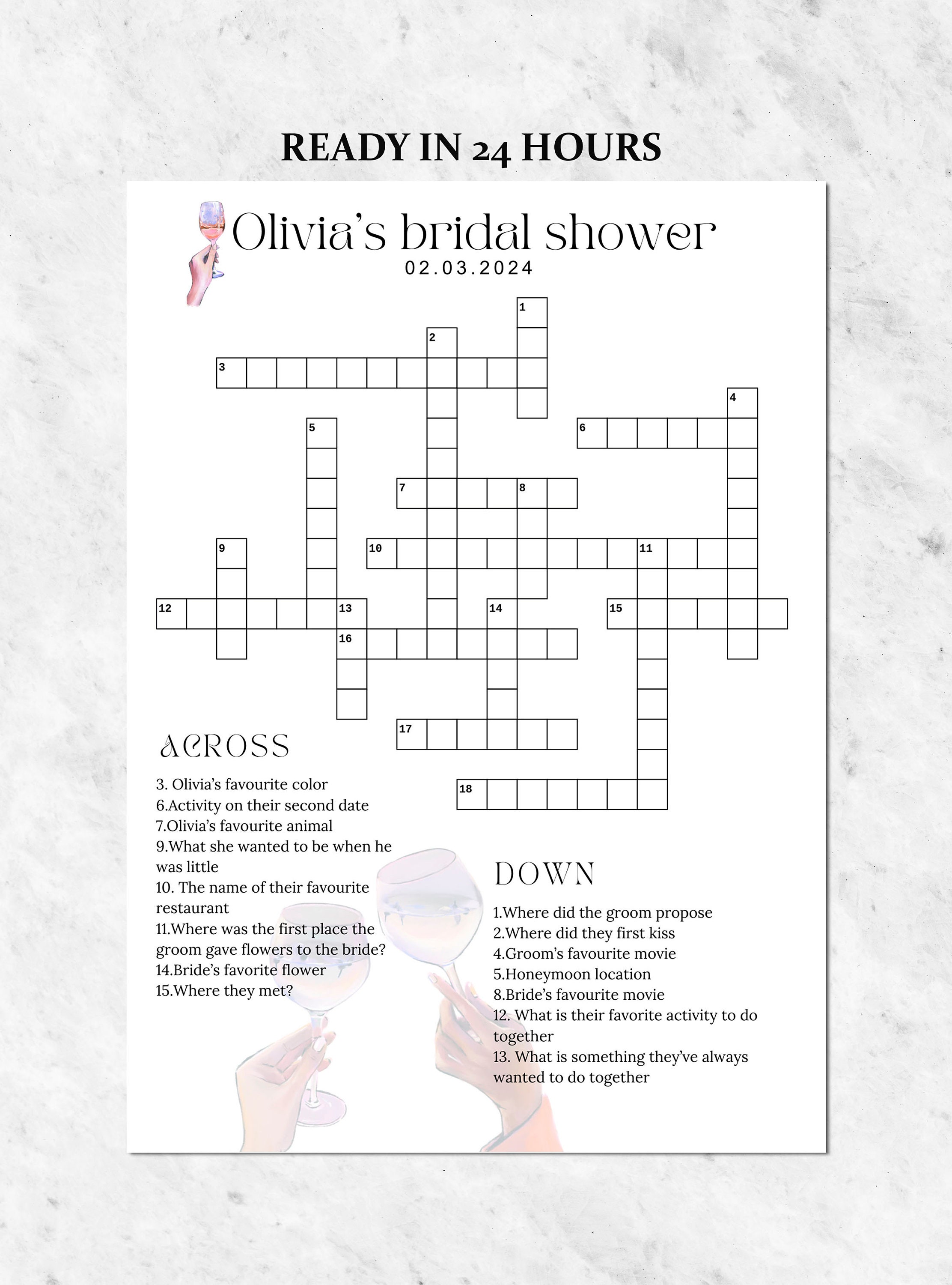 Custom Bridal Shower Crossword Puzzle Game, Custom Wedding Activity ...
