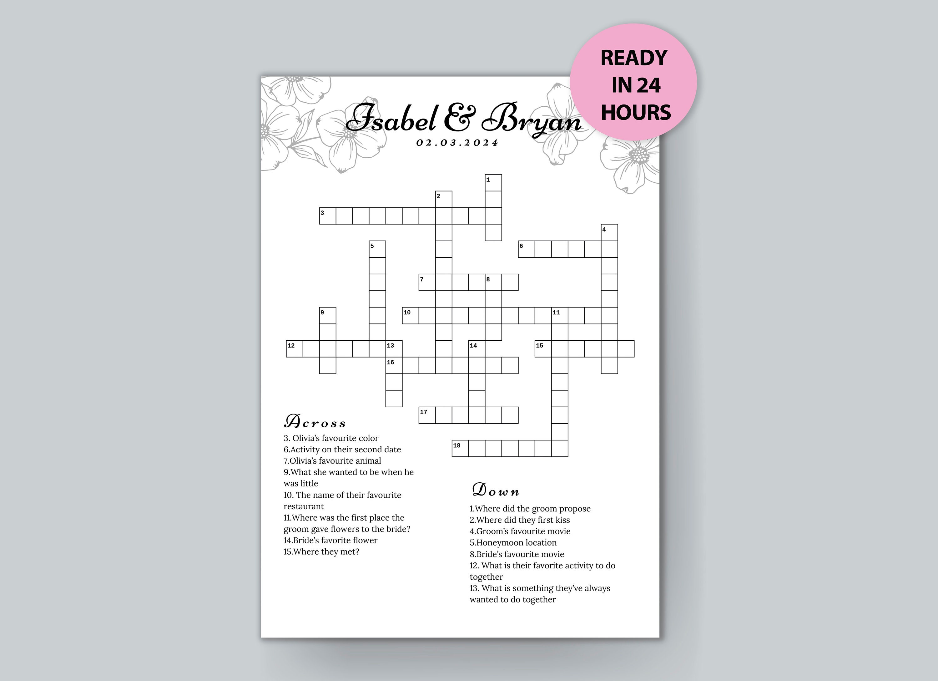 Custom Wedding Crossword Puzzle, Personalized Sip and Solve, Bridal ...