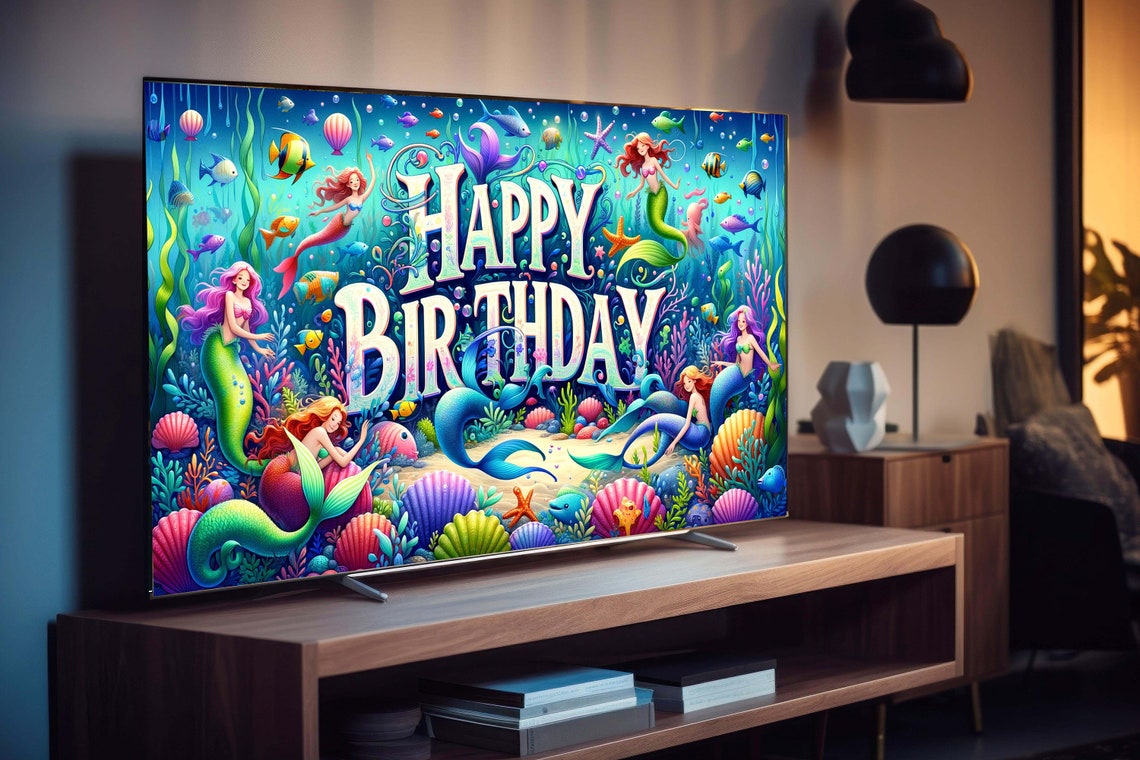 Mermaid Happy Birthday Frame Tv Art, Mermaid Theme Birthday Party Tv ...