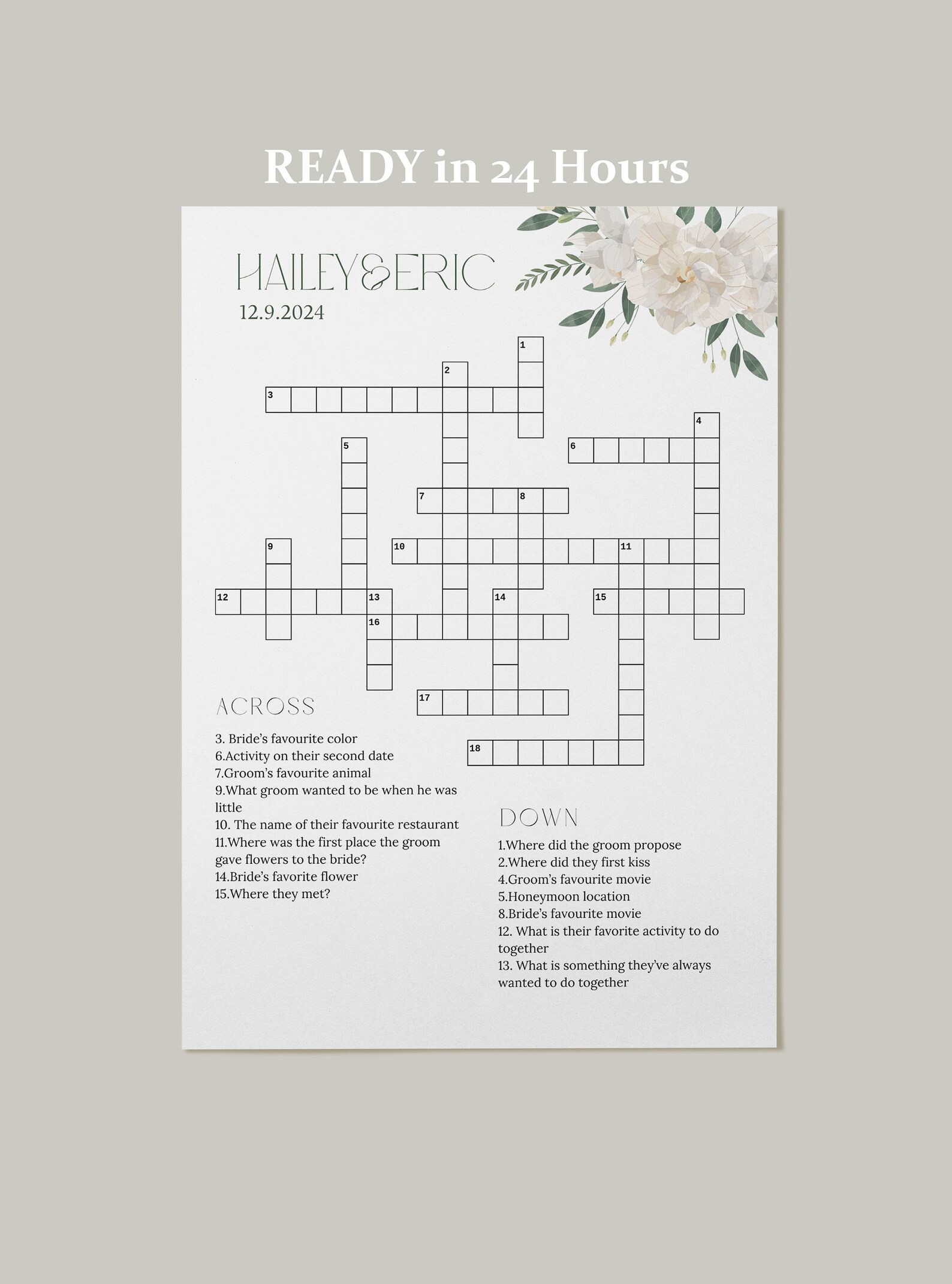 Personalized Wedding Crossword Puzzle, Custom Wedding Activity, Lawn ...