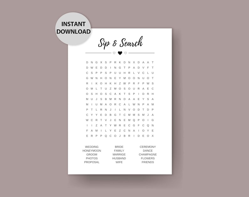 Wedding Word Search Puzzle, Sip and Search, Bridal Shower Game (digital ...