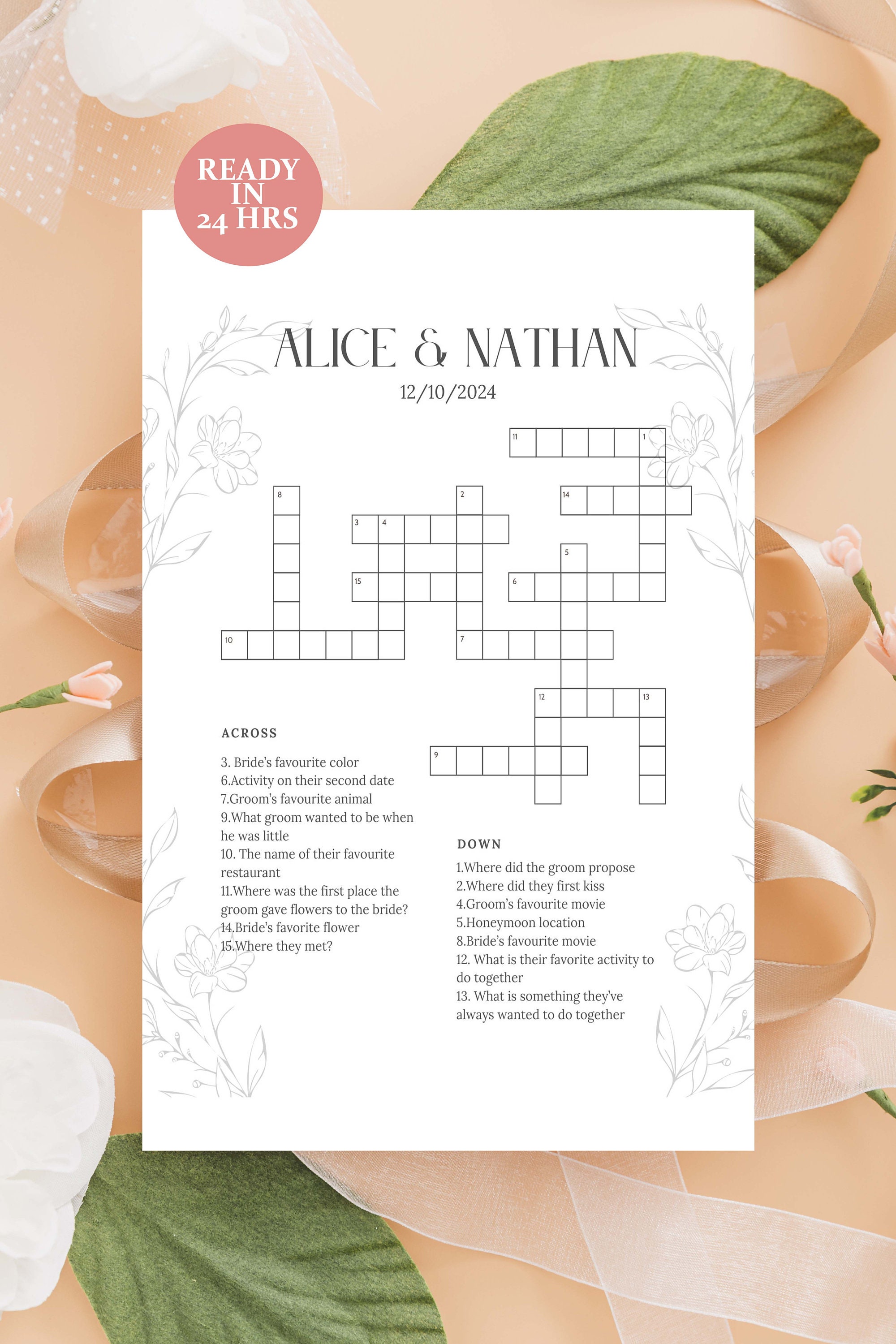 Personalized Wedding Crossword Puzzle, Custom Crossword Puzzle, Lawn ...