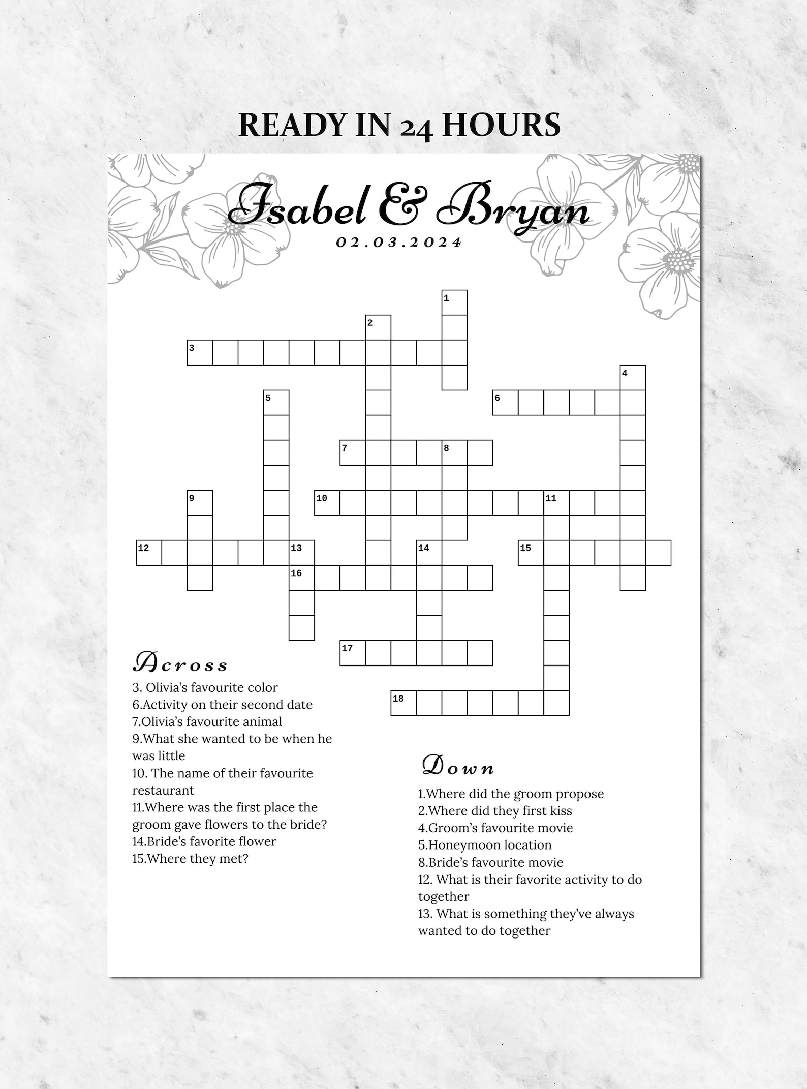 Custom Wedding Crossword Puzzle, Personalized Sip and Solve, Bridal ...