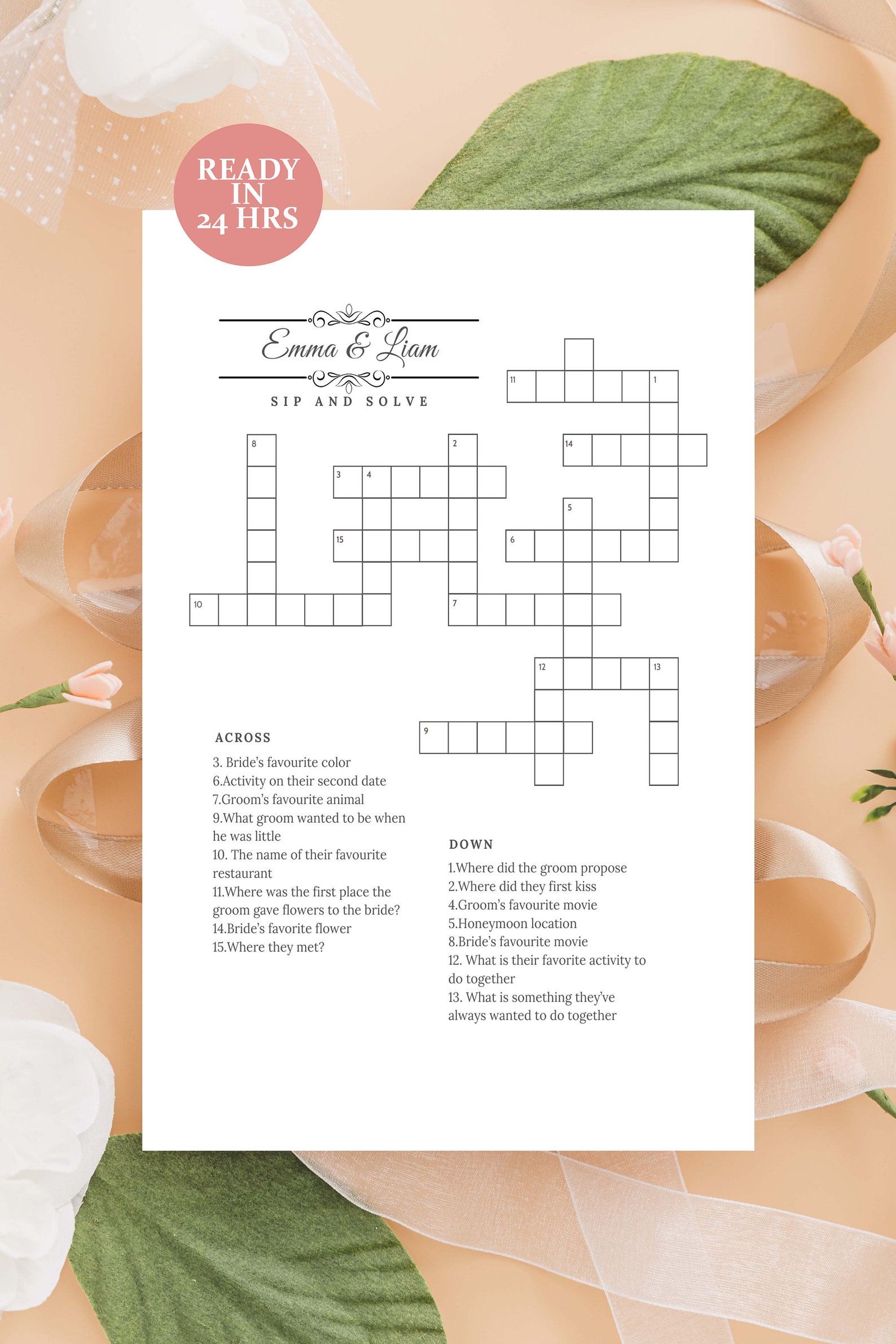 Custom Wedding Crossword Puzzle, Personalized Sip and Solve Bridal ...