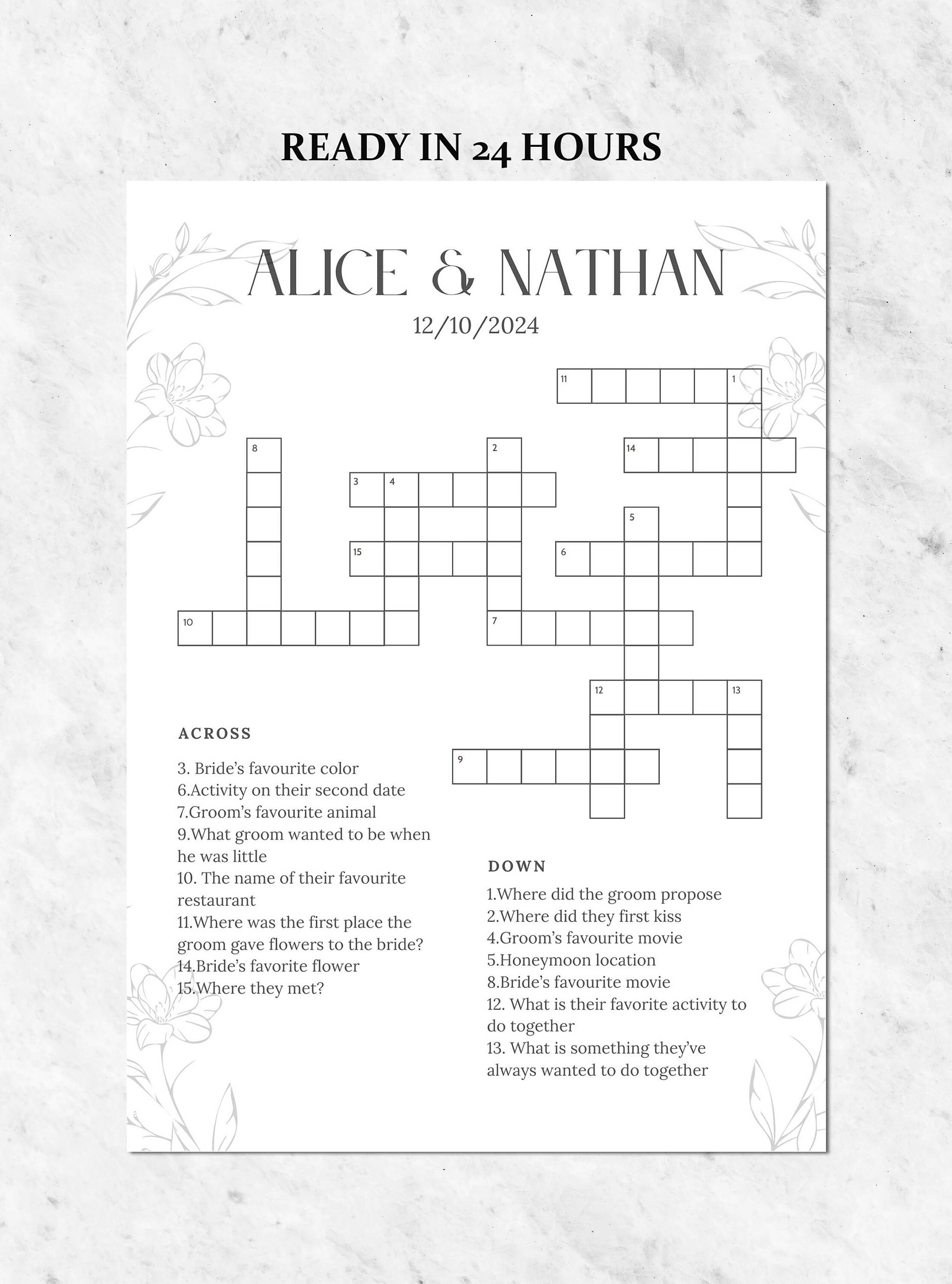 Personalized Wedding Crossword Puzzle, Custom Crossword Puzzle, Lawn ...