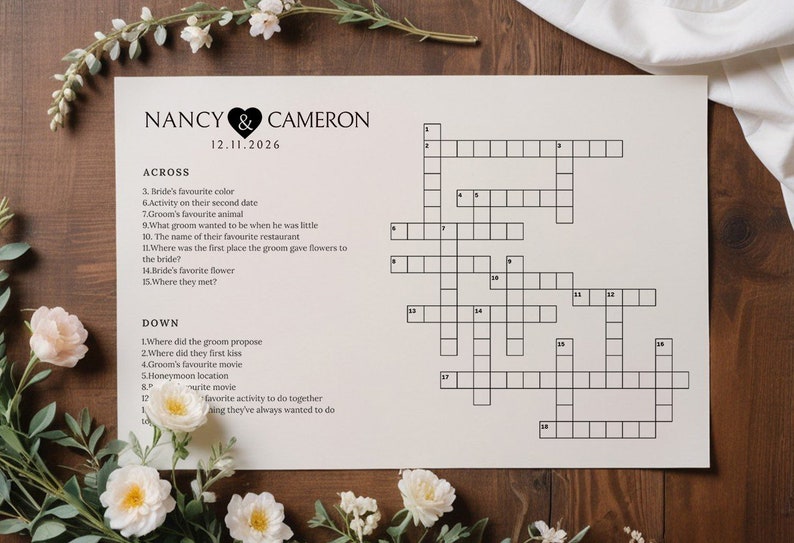 Custom Wedding Crossword Puzzle, Large Wedding Crossword Puzzle, Giant ...