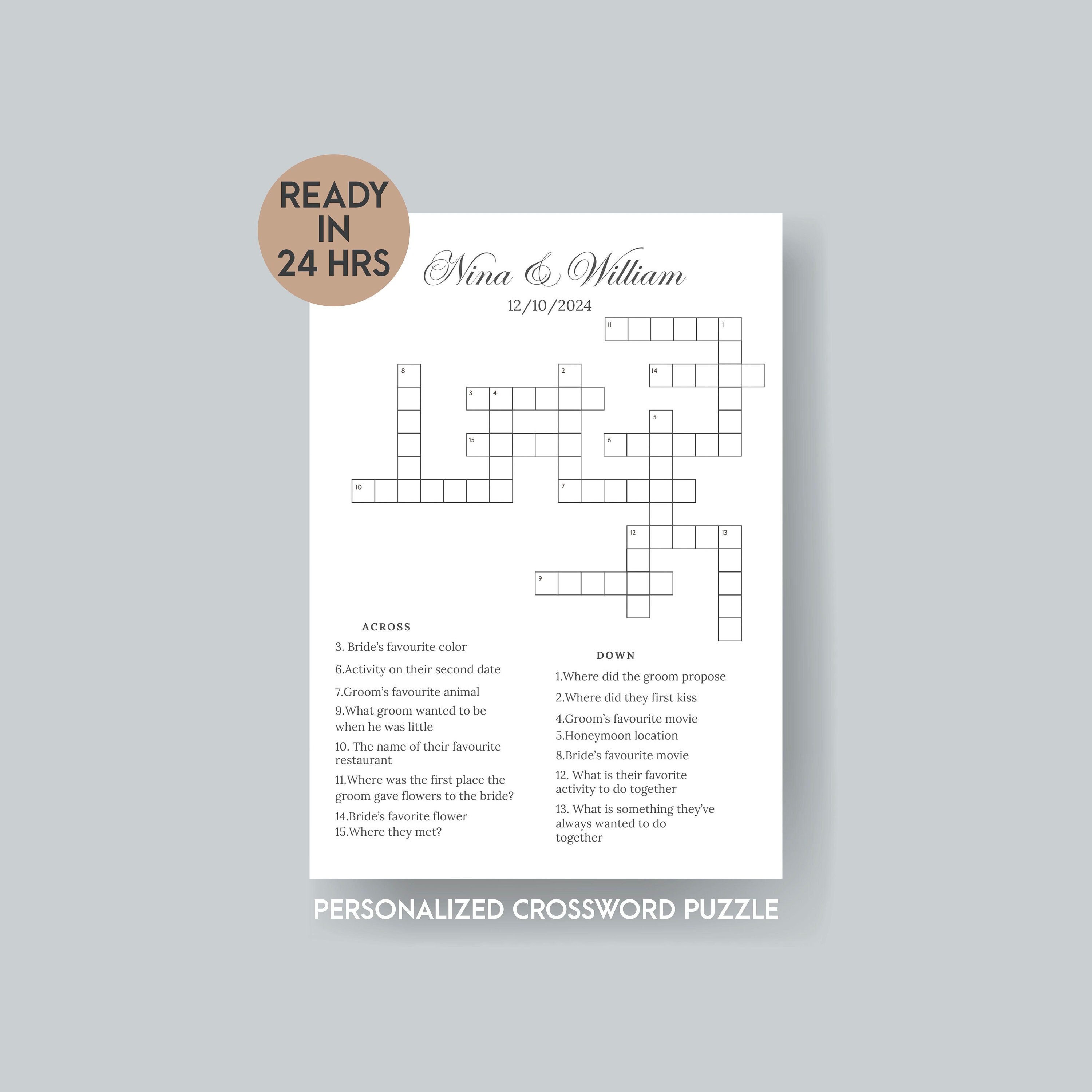 Personalized Wedding Crossword Puzzle, Custom Wedding Activity, Lawn ...