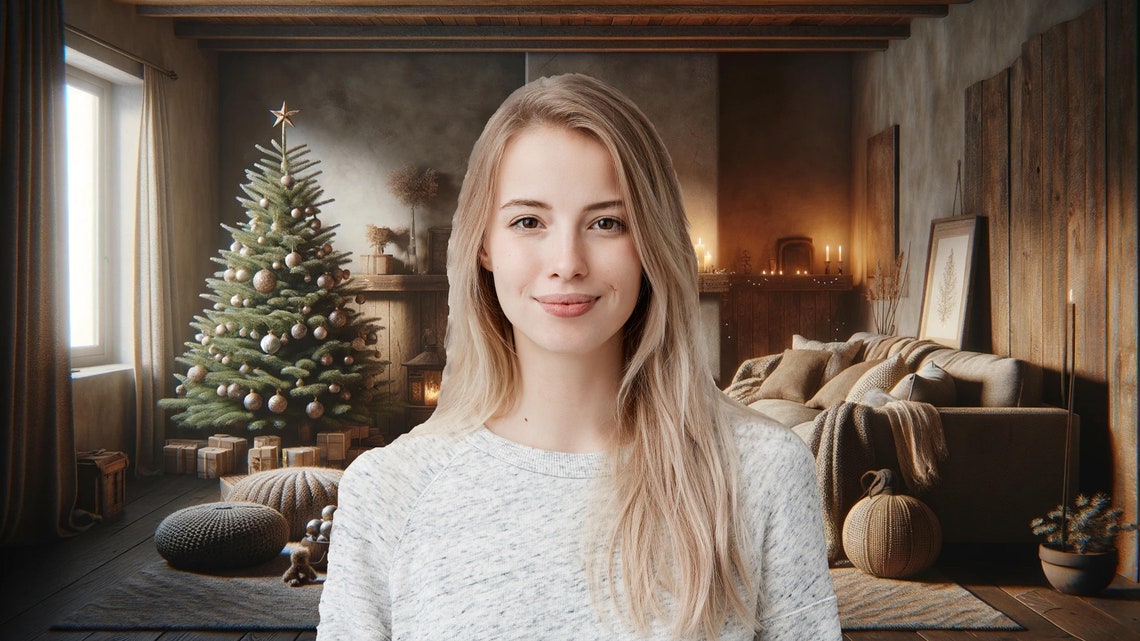 Christmas Tree Zoom Background for Meetings , Rustic Winter Cabin Virtual Office, Cozy Winter ...