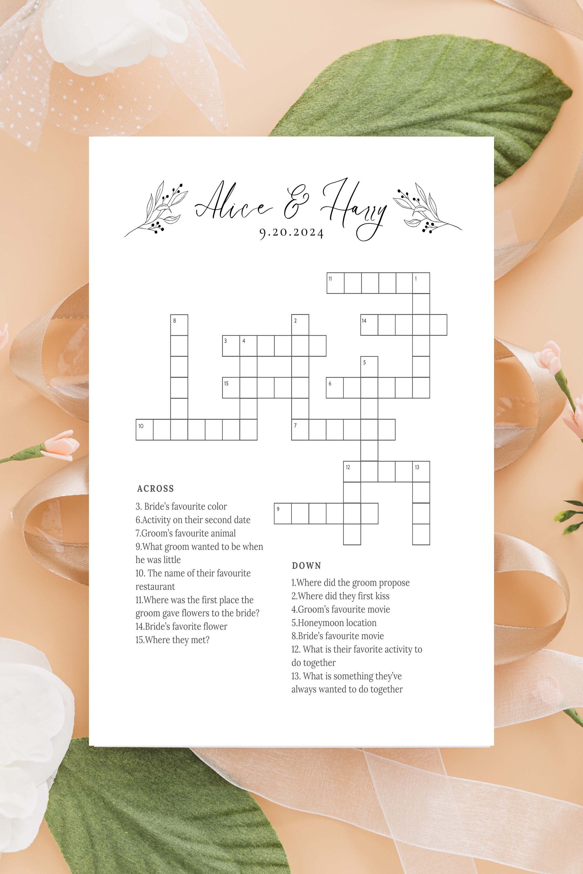 Personalized Wedding Crossword Puzzle, Custom Wedding Activity, Lawn ...