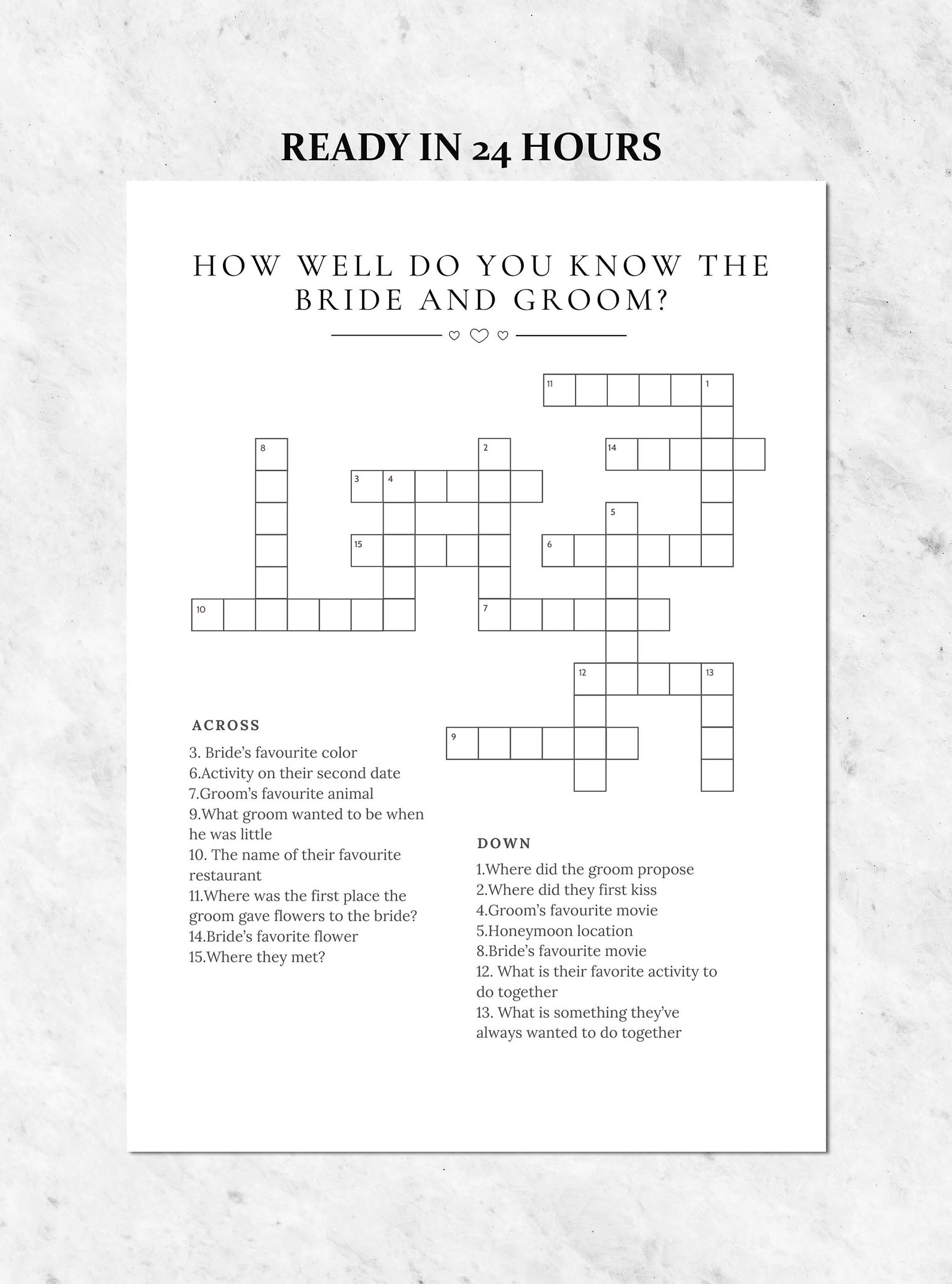 Personalized Wedding Crossword Puzzle, Custom Wedding Activity, Lawn ...