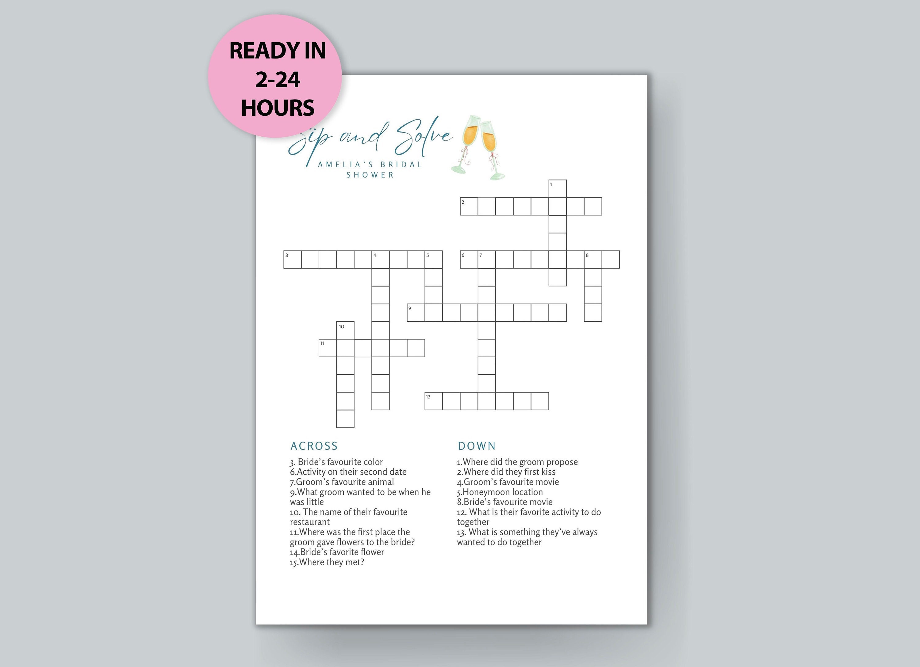 Custom Bridal Shower Crossword Puzzle Game, Custom Wedding Activity ...
