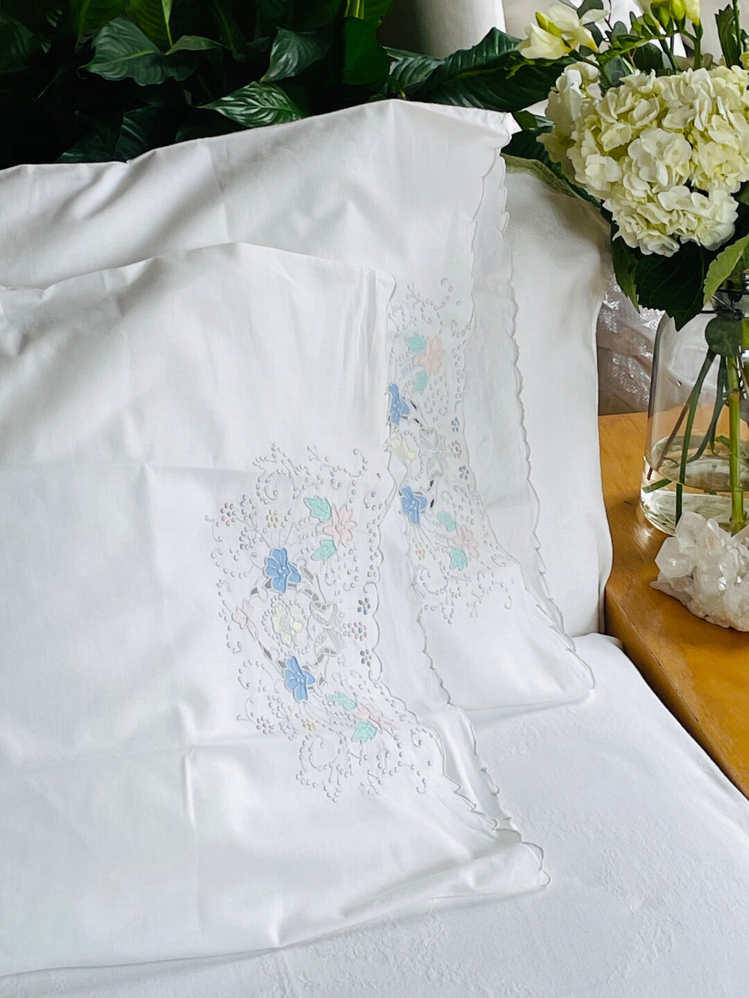 Pair of Matching Vintage Pillowcases, With Pastel Appliqués and Madeira ...