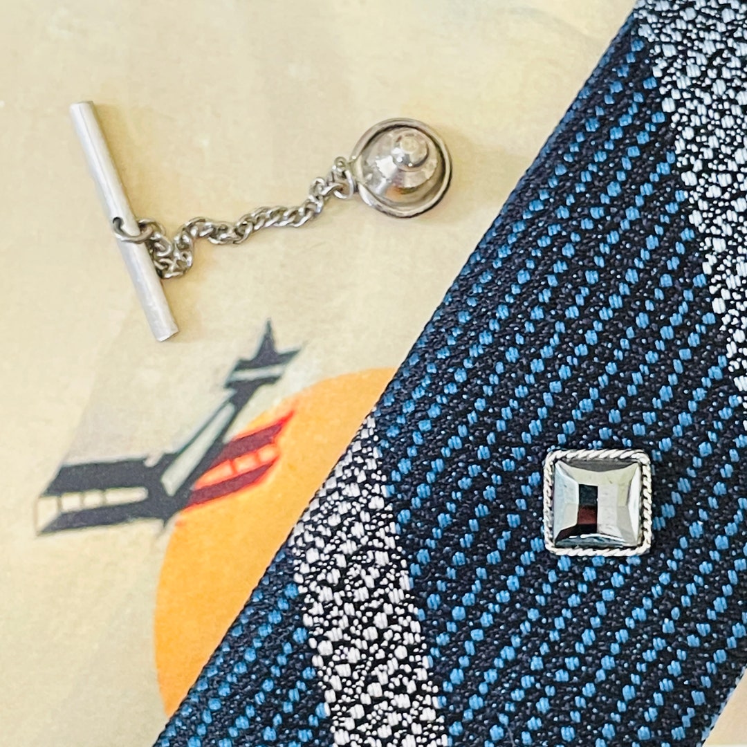 Vintage Swank Tie Tack, Silver With Gunmetal Glass and Safety Chain ...