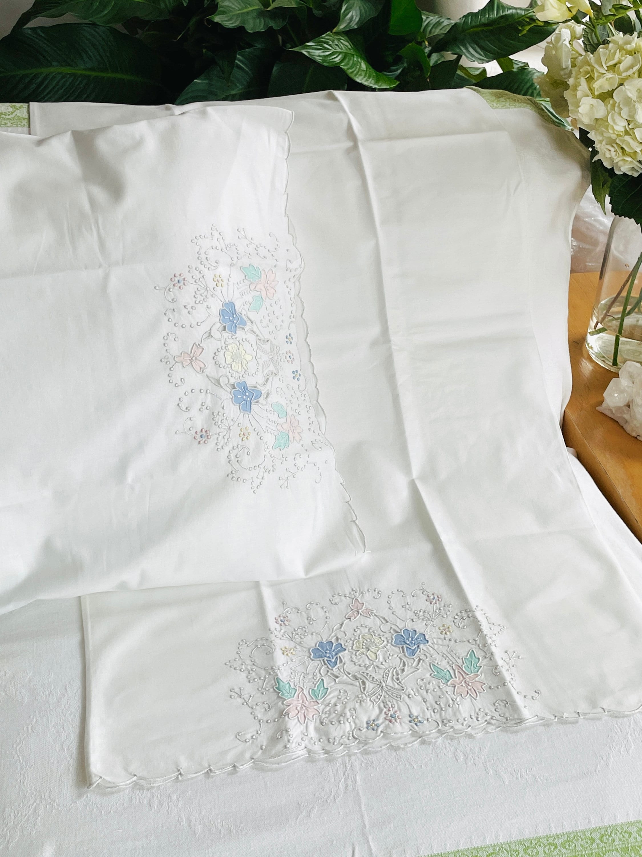 Pair of Matching Vintage Pillowcases, With Pastel Appliqués and Madeira ...