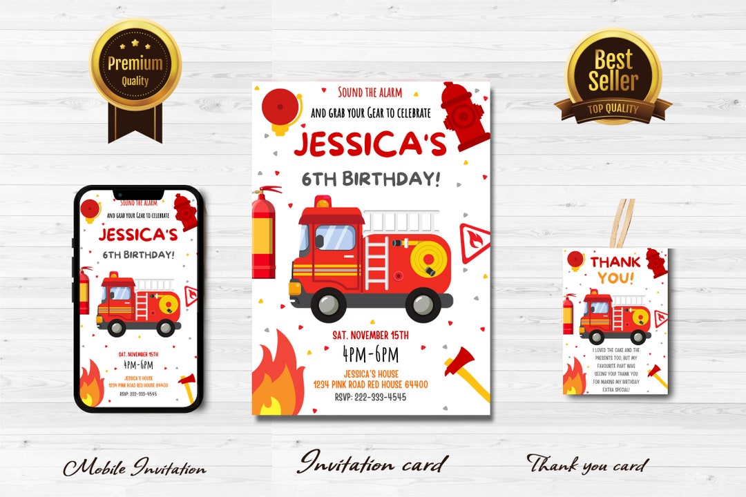 Fire Brigade Birthday Invitation Template Download, Editable Fire Truck ...