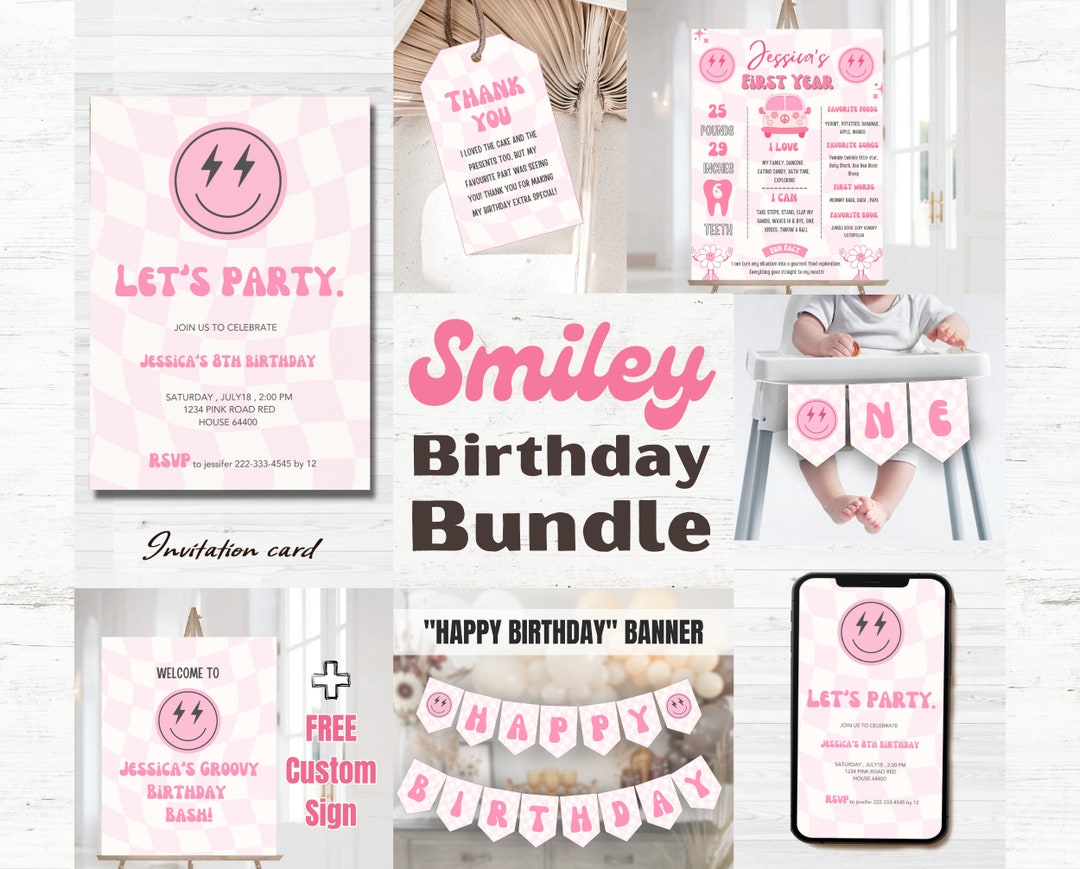 Editable Smiley Birthday Invitation Bundle, Pink Smiley Party ...