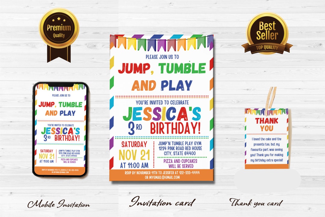 Jump Tumble Play Invitation, Jump Tumble Play Birthday Invites, Instant ...
