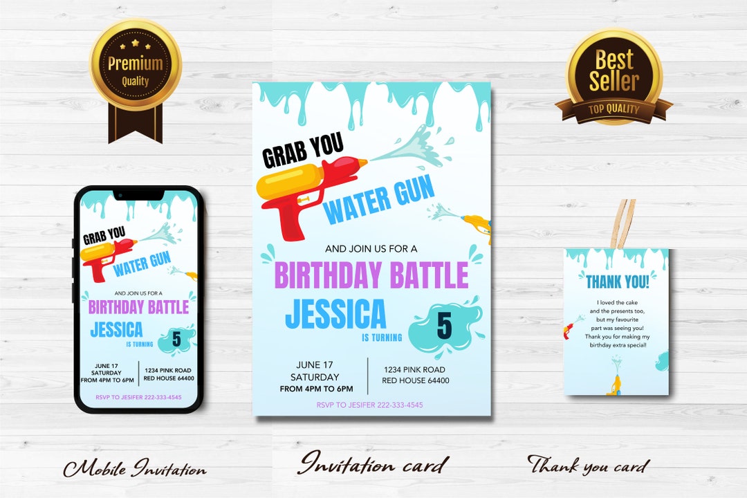 Editable Water Gun Birthday Invitation, Water Gun Invitation, Splash ...