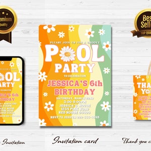 Editable Retro Pool Party Invitation , Groovy Party Instant Download ...