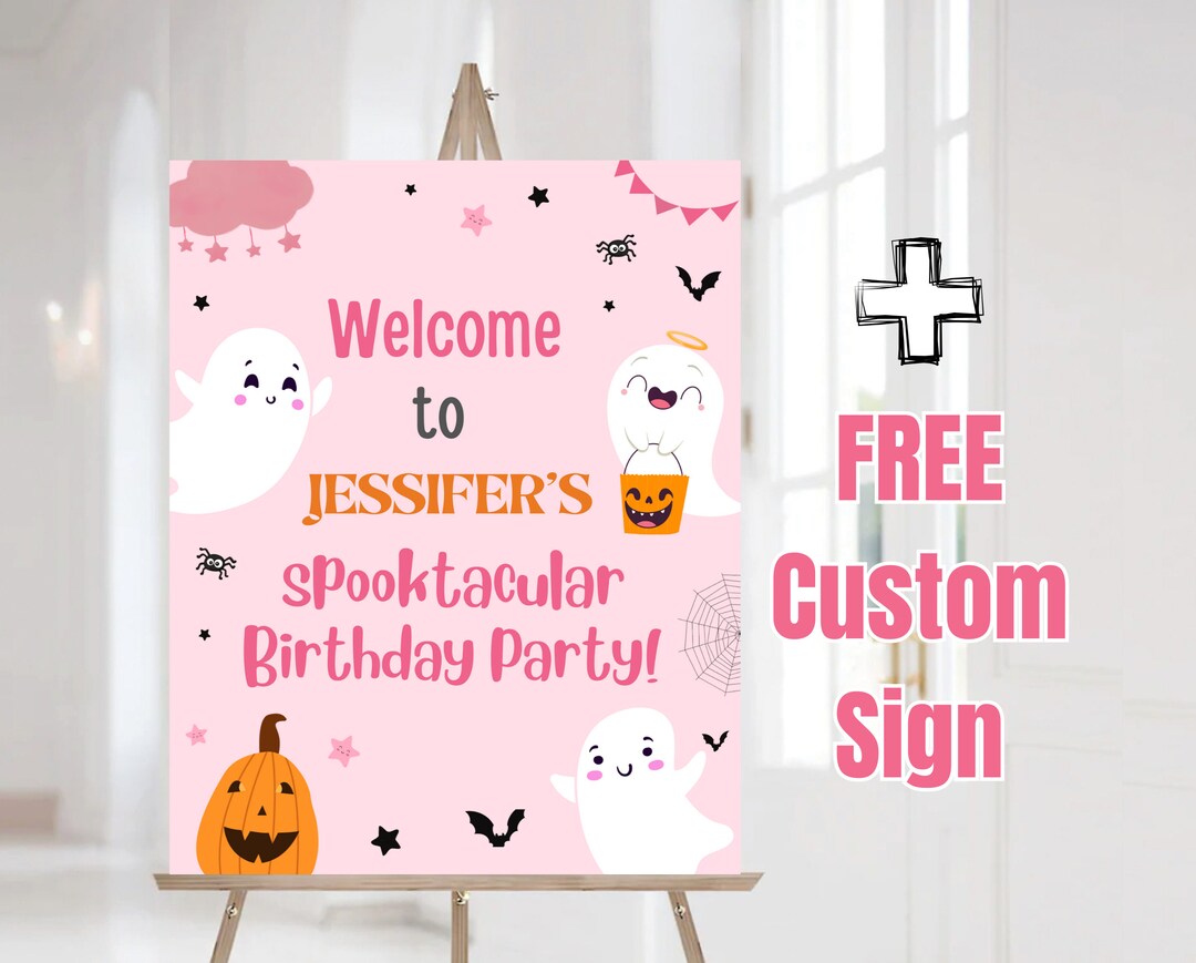 EDITABLE Pink Ghost Birthday Welcome Sign, Girl Birthday Ghost Party ...