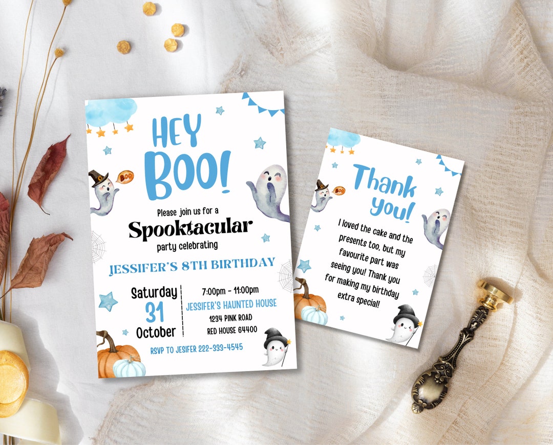 Editable Blue Ghost Birthday Invitation Hey Boo Boy Birthday Ghost ...