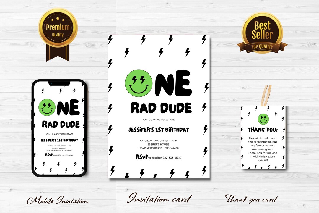 One Rad Dude Birthday Invitation, Editable Green Smiley Face Invite ...
