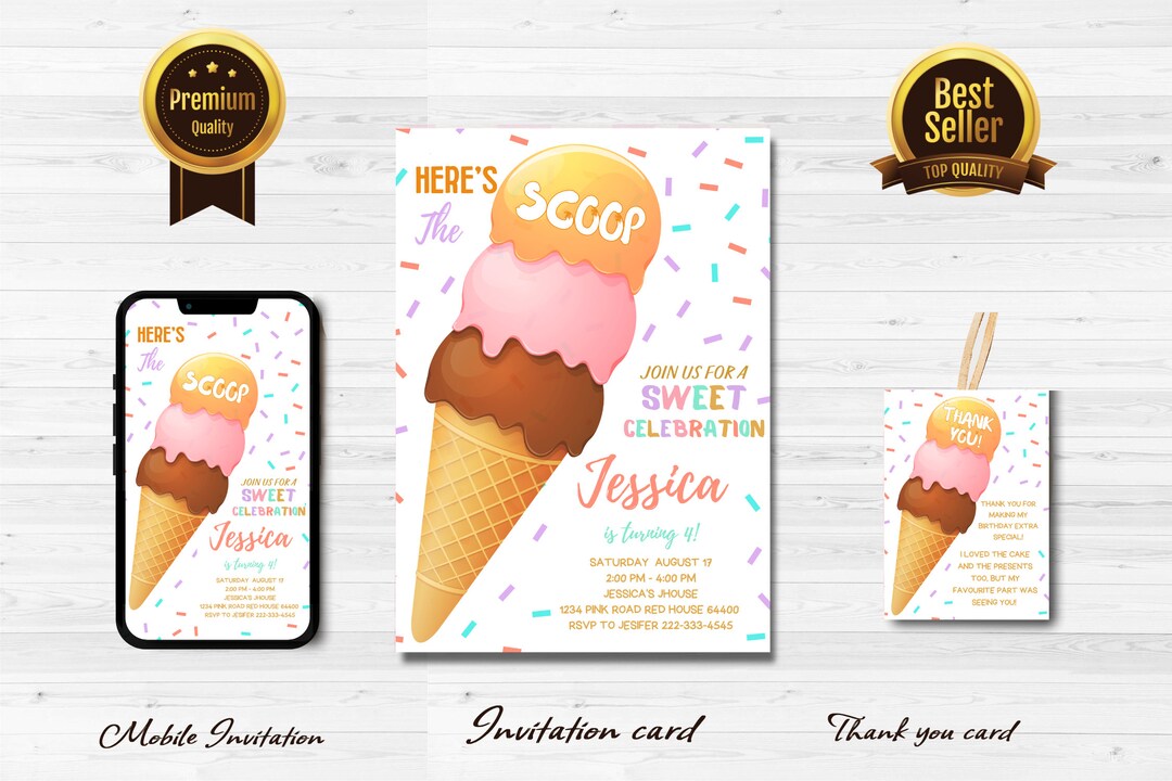 Ice Cream Birthday Invitation Template, Ice Cream Invite, Ice Cream ...
