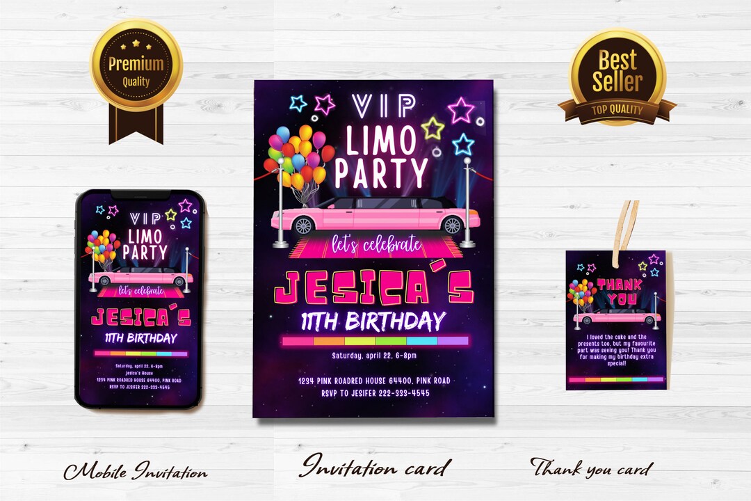 Pink Limo Party Invitation Editable Template | Rainbow VIP Limousine ...