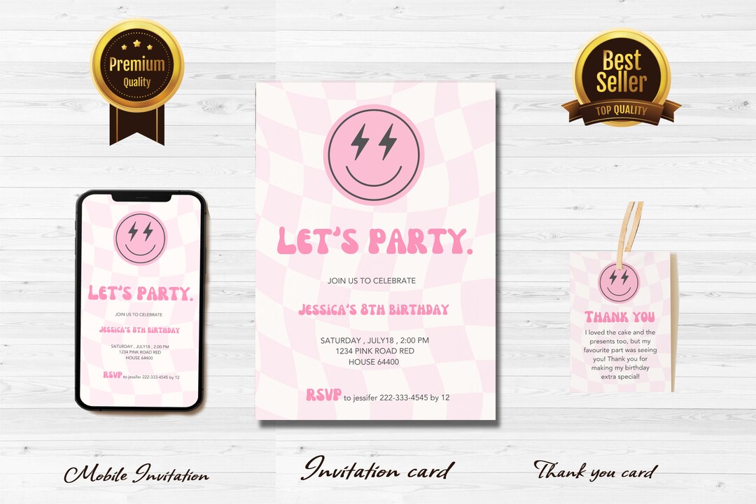 Smiley Birthday Invite, Pink Smiley Party Instant Download Editable ...