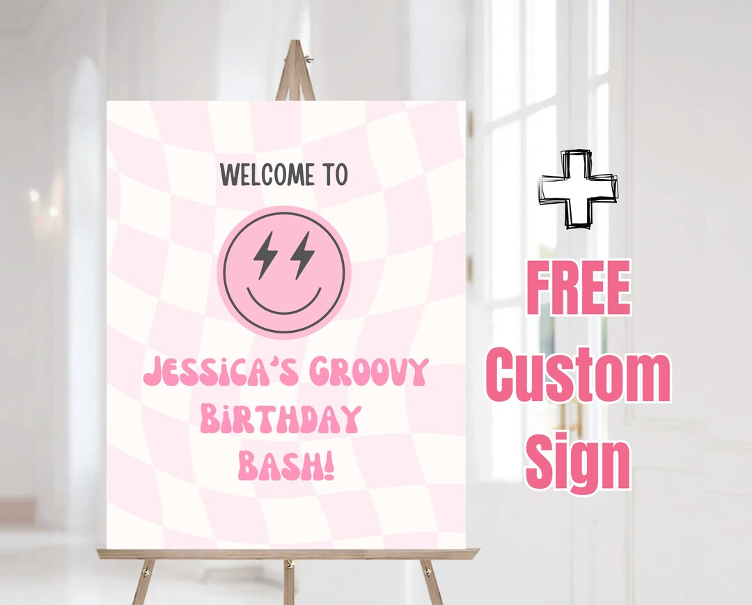 EDITABLE Smiley Birthday Welcome Sign, Pink Smiley Party Kids Birthday ...